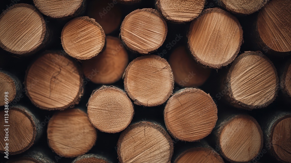 Neatly stacked round logs reveal their smooth cut surfaces, captured in ...