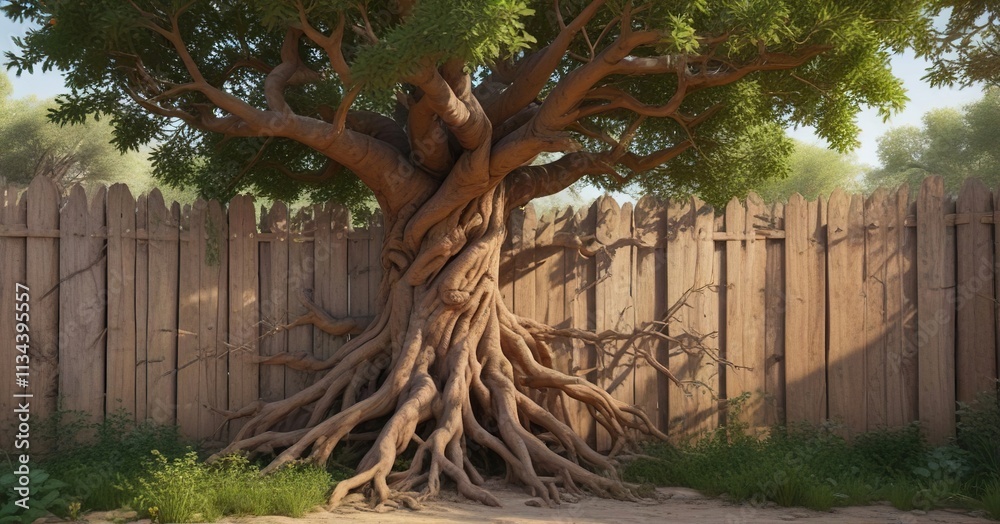 Ancient Ashoka tree with gnarled branches and roots in a rustic wooden ...