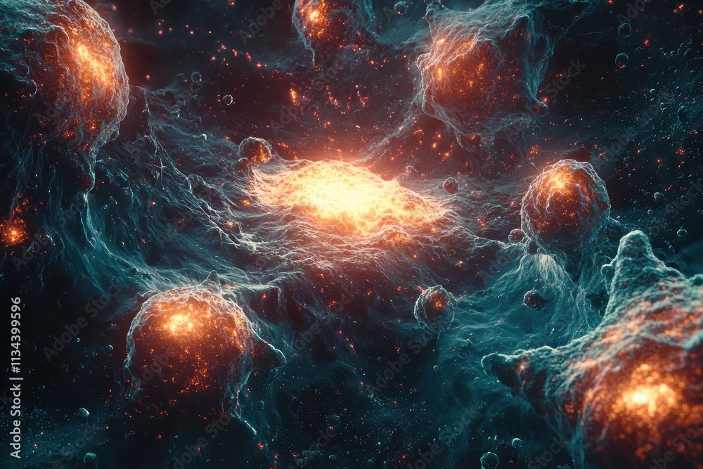 Dynamic fluorescent teal viral particles in cosmic space high fidelity ...