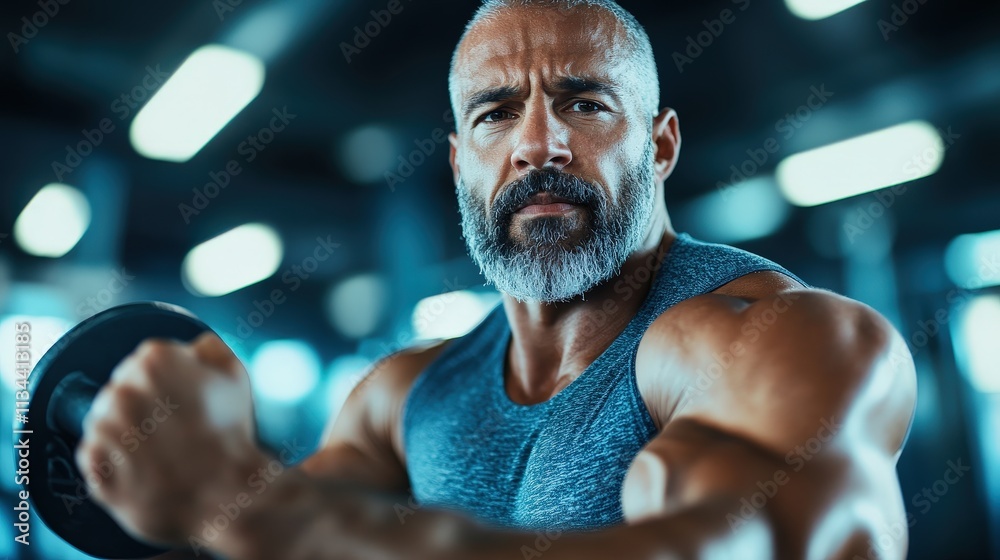 A serious weightlifter in a gym, showcasing his strength and muscular ...