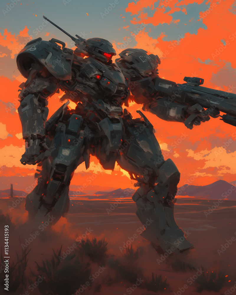 mecha locked in combat against a blazing sunset, armored silhouette lit ...