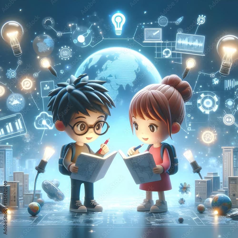 3D Kids Brainstorming with Creative Maps concept as Two tech savvy kids ...