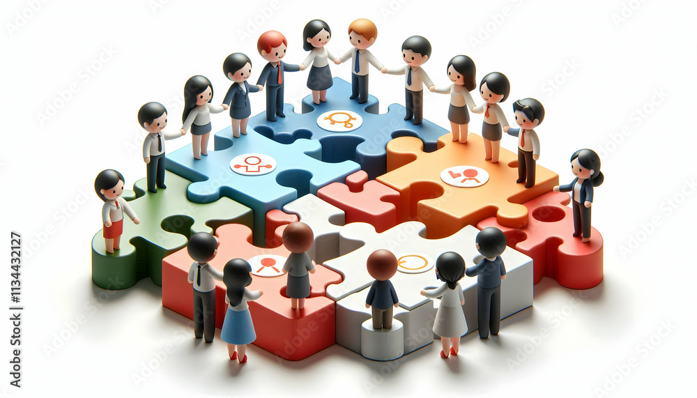 3D Puzzle pieces interconnected with team icons isolated on white ...