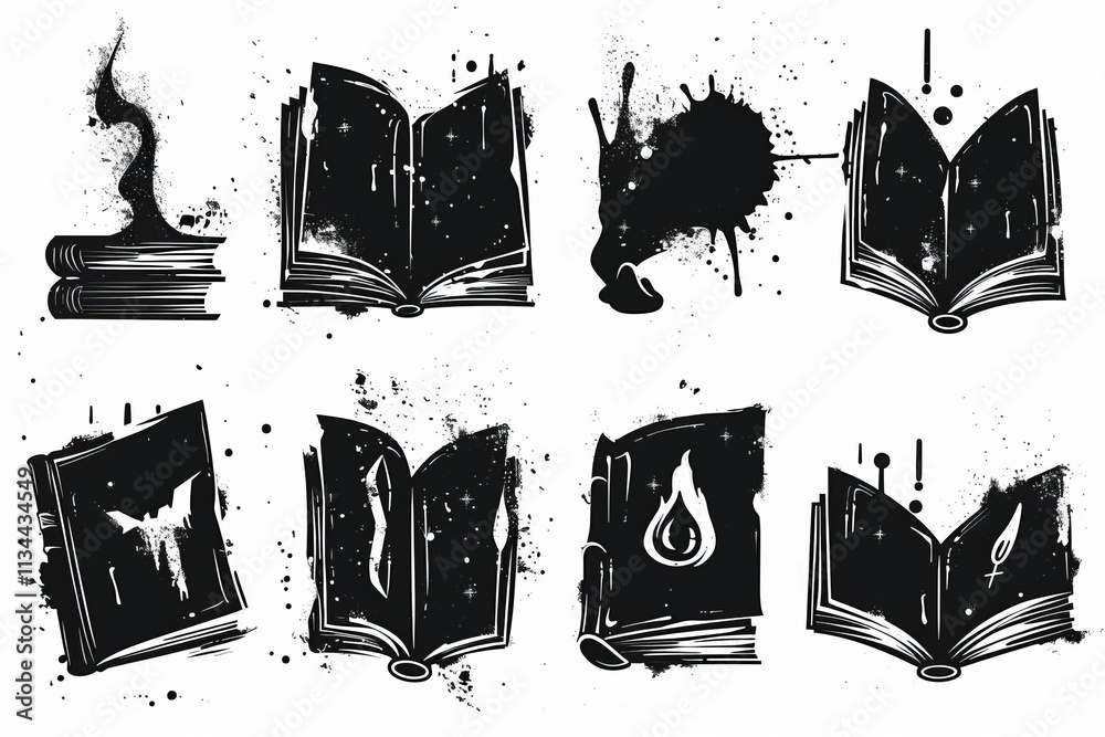 Book icons, graffiti spray textbook symbol, education pictogram ...