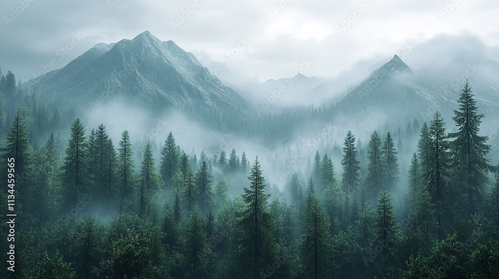 his serene image depicts mist-covered mountains surrounded by lush ...