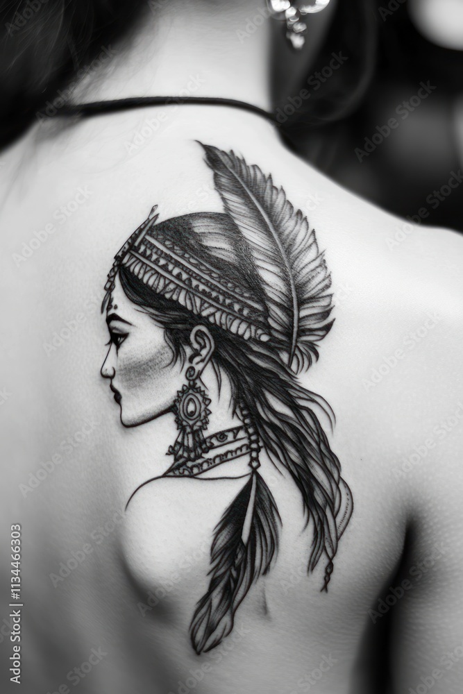 Monochrome tattoo of a Native American woman on a woman's back. Stock ...