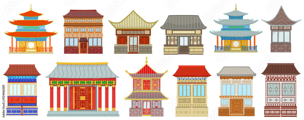 collection of chinese buildings with traditional decorative walls. set ...