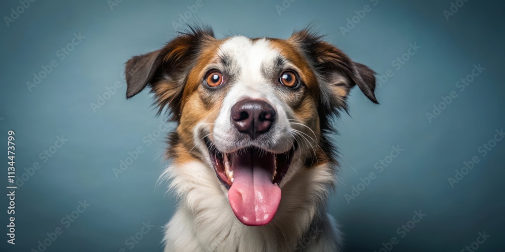 Funny dog making a silly face with raised eyebrows and tongue sticking ...