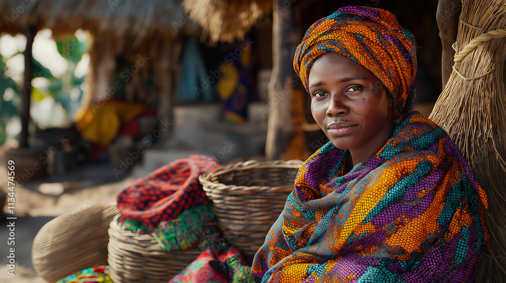 Zambian woman in colorful attire with woven baskets in traditional ...