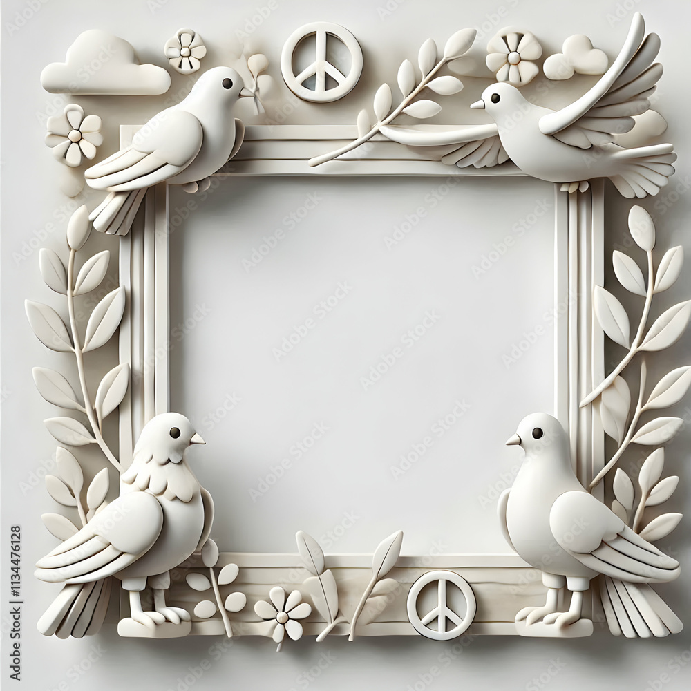 Stock-Illustration „3D Border frame with peace dove and olive branches ...