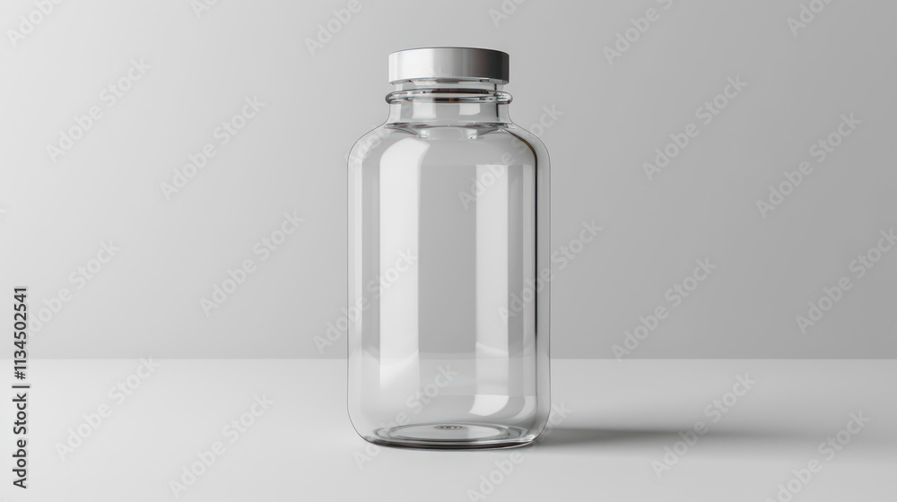 Science lab bottle mock-up with a measurement label, clear glass, on a ...