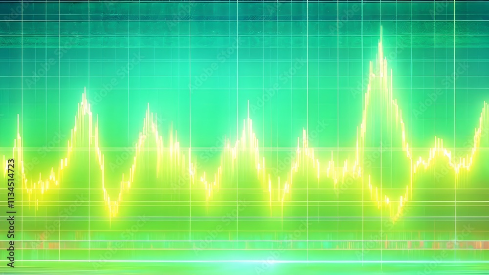 glowing digital waveforms fluctuating in sync with a pulsating grid background, representing the ...