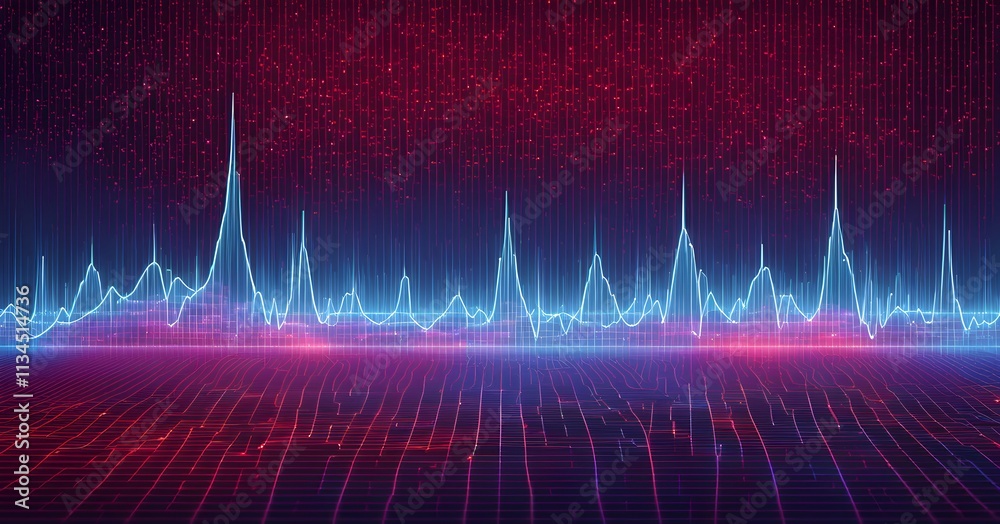 glowing digital waveforms fluctuating in sync with a pulsating grid background, representing the ...