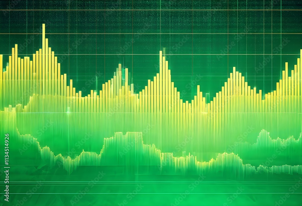 glowing digital waveforms fluctuating in sync with a pulsating grid background, representing the ...