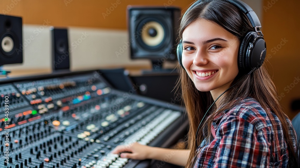 Young person smiling while working at a radio station studio, mixing ...