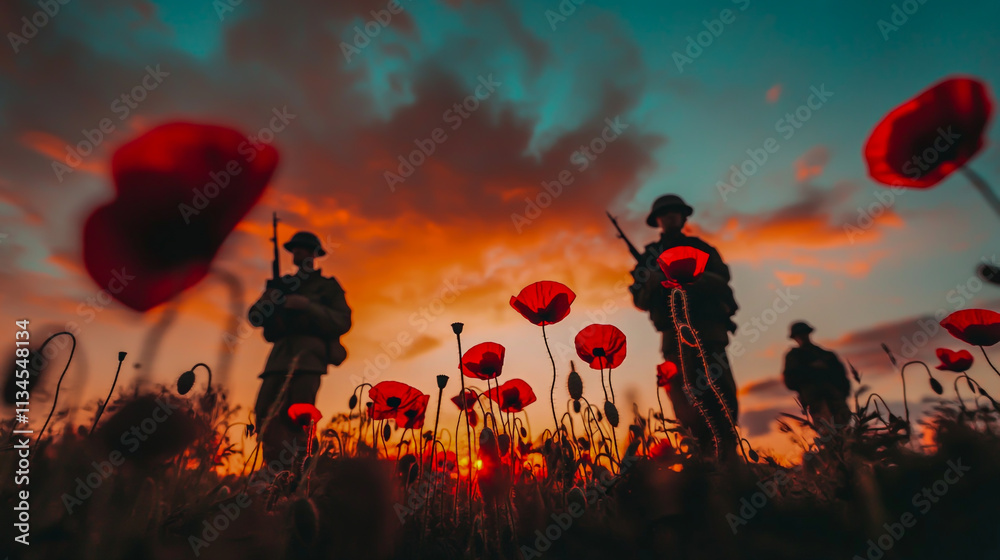 Silhouettes of Soldiers Amidst Red Poppy Fields with Dramatic Sky ...