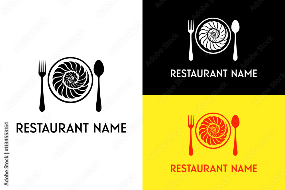 seafood logo, fork, spoon, plate, seashell, prawn, shrimp, lobster ...