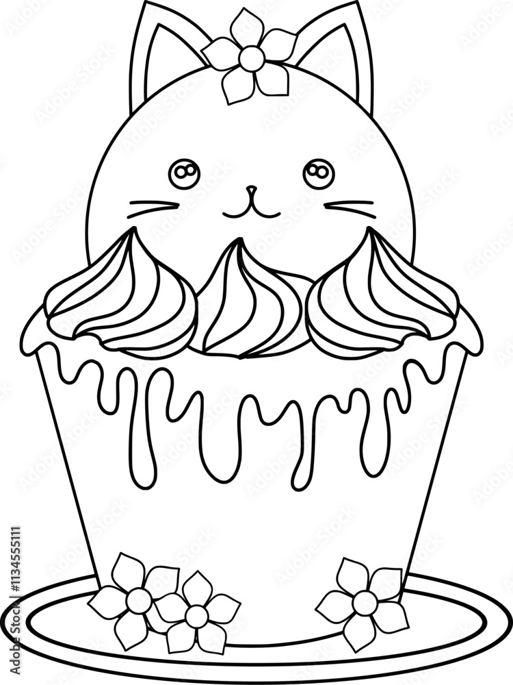 cartoon kawaii dessert cat decorated with strawberries, vector ...