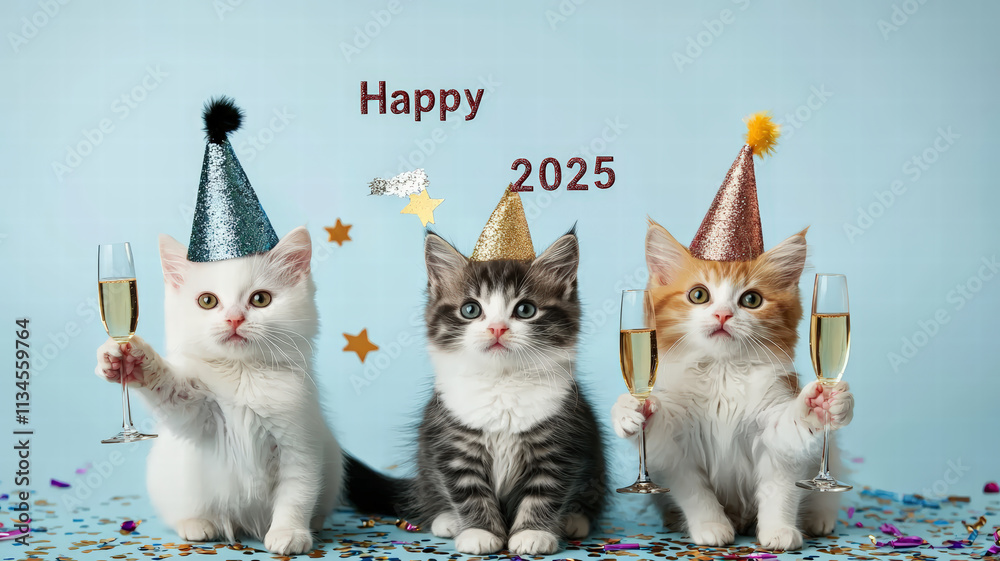 Three adorable cats in party hats celebrate with champagne glasses ...