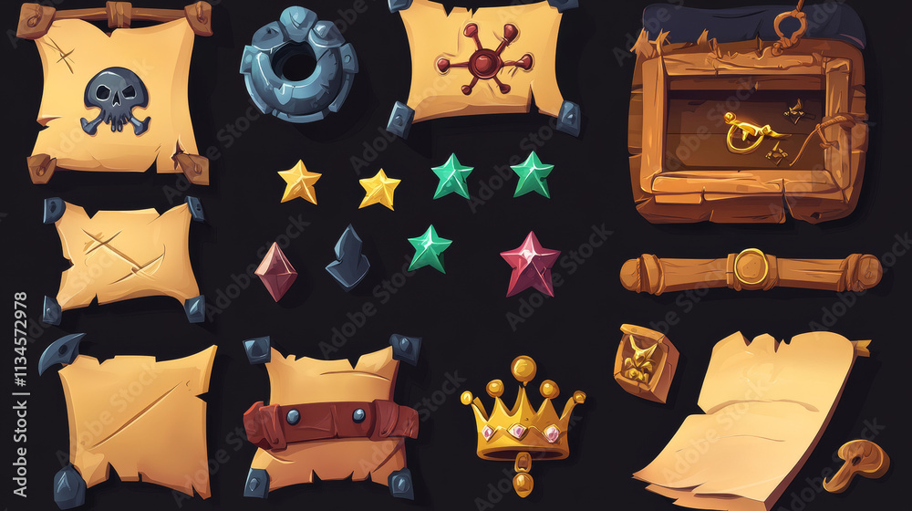 Pirate game ui design elements set isolated on black background. Vector ...