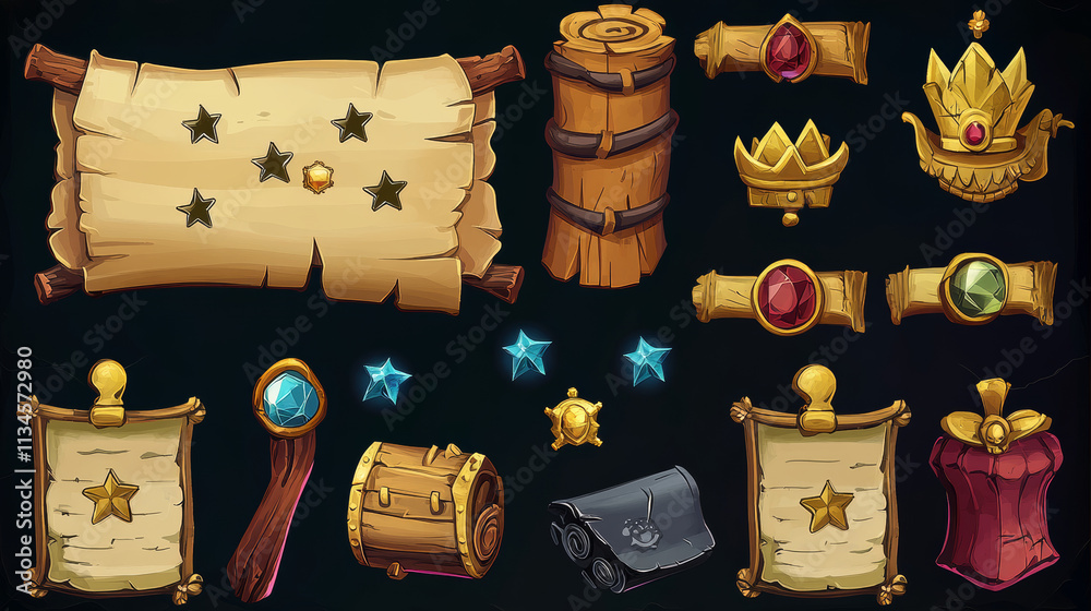 Pirate game ui design elements set isolated on black background. Vector ...