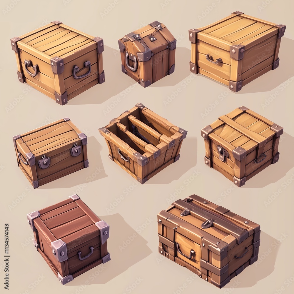 Collection of low poly wooden crates for game design and visualization ...