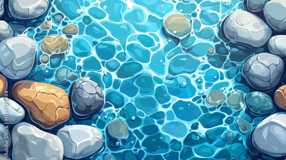 Game textures of water, stones and sand seamless patterns top view ...