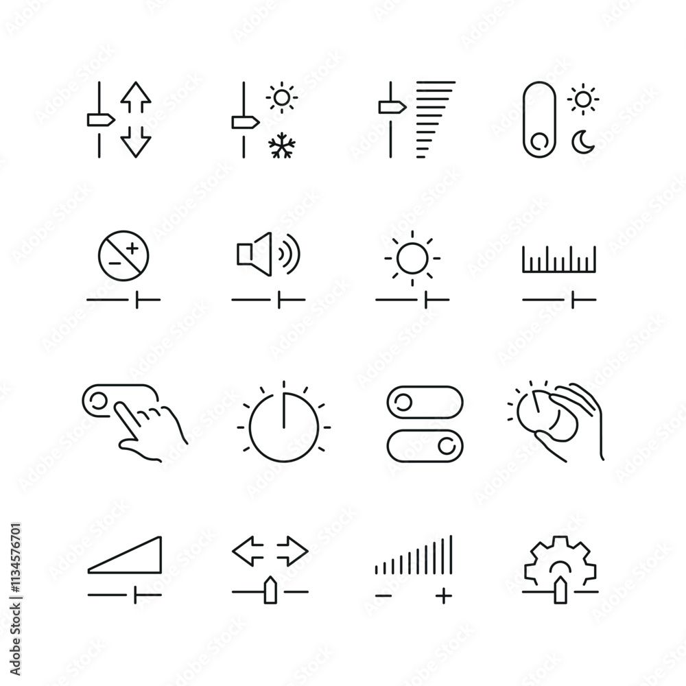 Vector line set of icons related with adjustment and setting. Contains ...