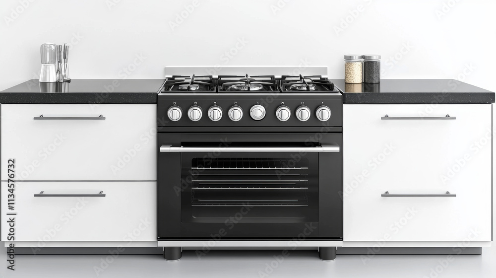 Gas stove and induction cooking panel with electric ovens, open and ...