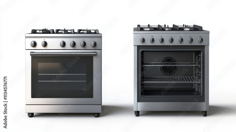 Gas stove and induction cooking panel with electric ovens, open and ...