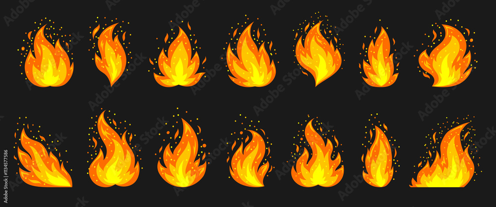 Cartoon fire set. Sparkling igniting flame. Hot temperature blazing ...