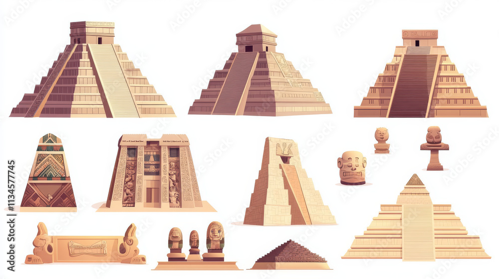 Aztec pyramids and statues, mayan city monumental landmarks isolated on ...