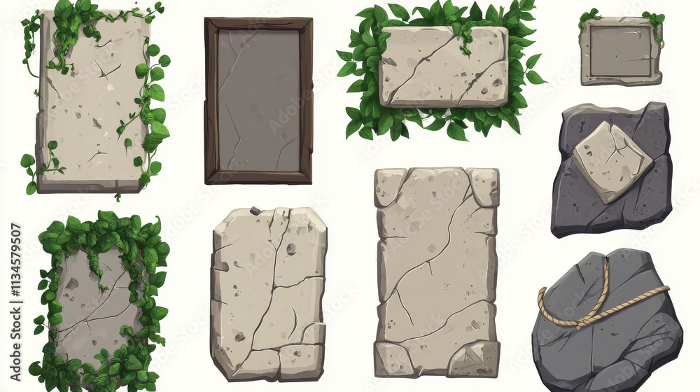 Ancient stone signboards, rock tablets different shapes for game ui ...