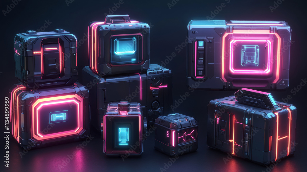 Game futuristic boxes, future technology chests. Icons of sci-fi ...