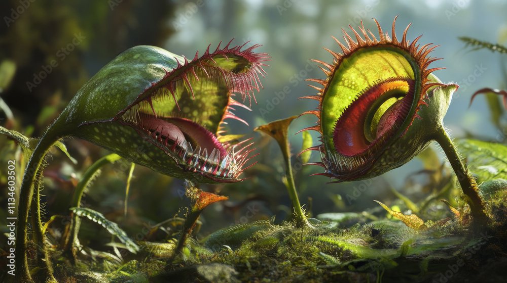 Scary carnivorous monster plants with flytrap on stem. Creepy dangerous ...