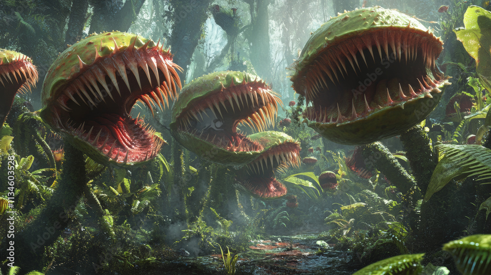 Scary carnivorous monster plants with flytrap on stem. Creepy dangerous ...