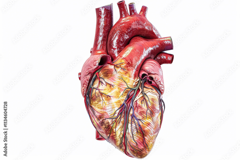 Heart is shown in a close up, with its veins and arteries visible ...