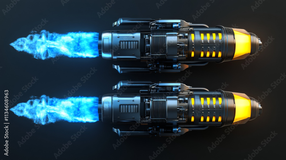 Stock-Illustration „Jetpack with blue fire and yellow stripes on wings ...