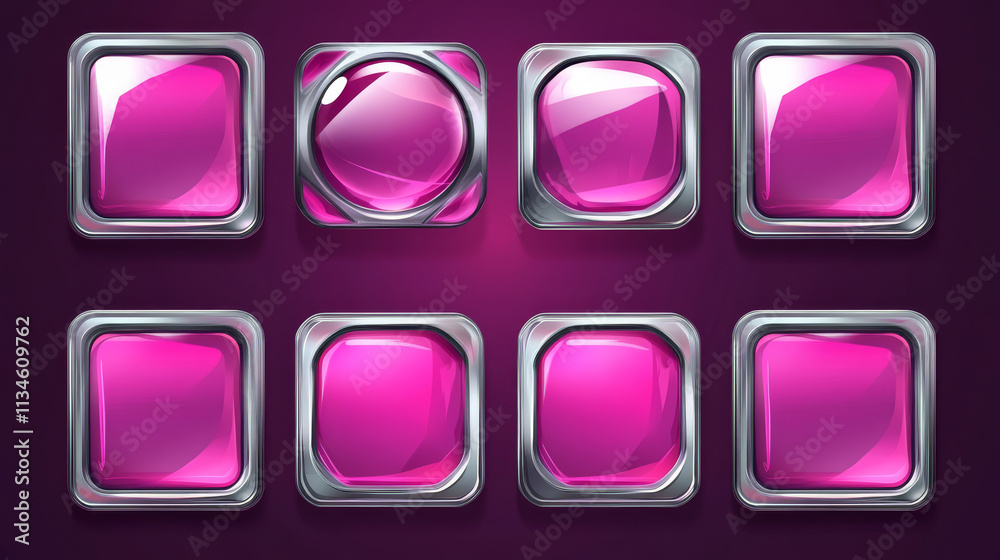 Old pink buttons with metal fantasy frames for rpg game interface ...