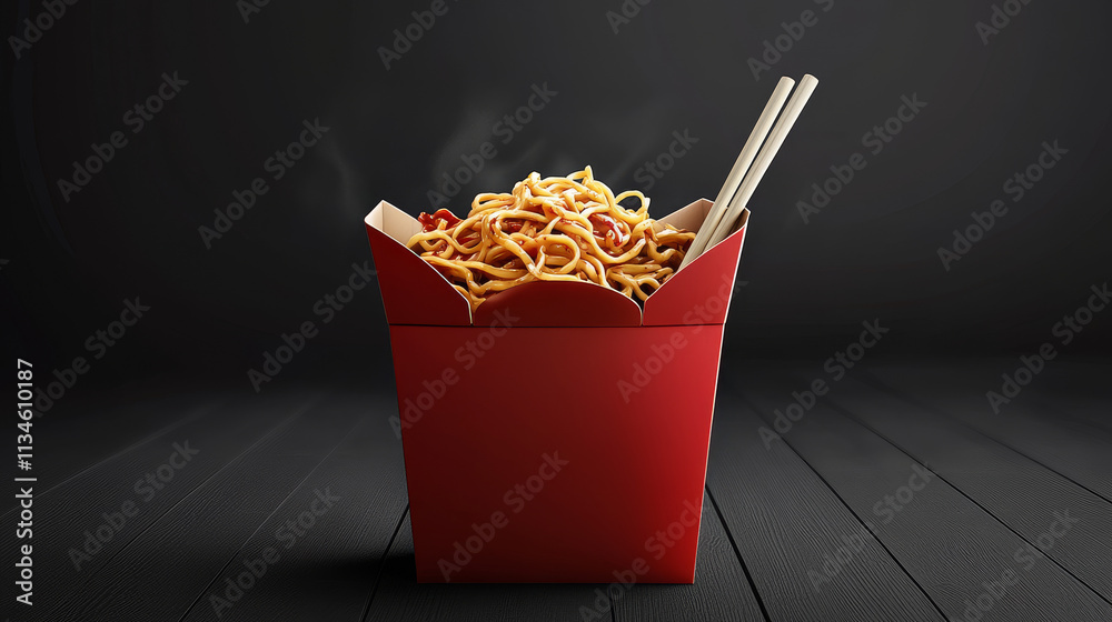 Red chinese take away food package. Noodle box mockup. Paper takeaway ...