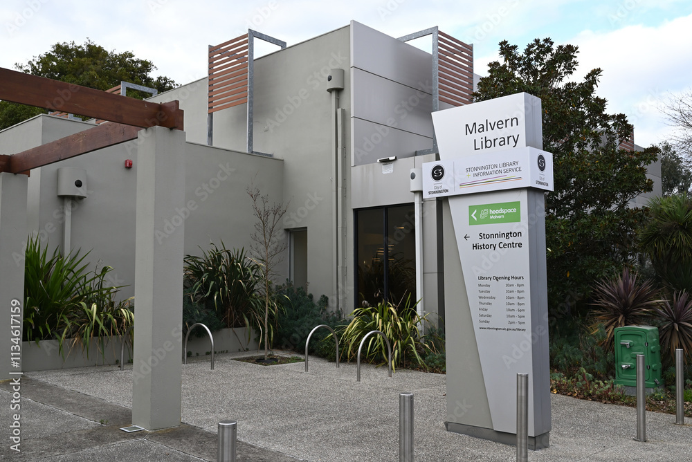 Grey signage outside Malvern Library, in the City of Stonnington, with ...