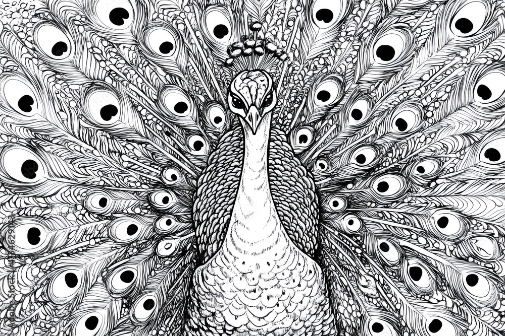 Intricate line art showcases a peacock proudly displaying its fully ...