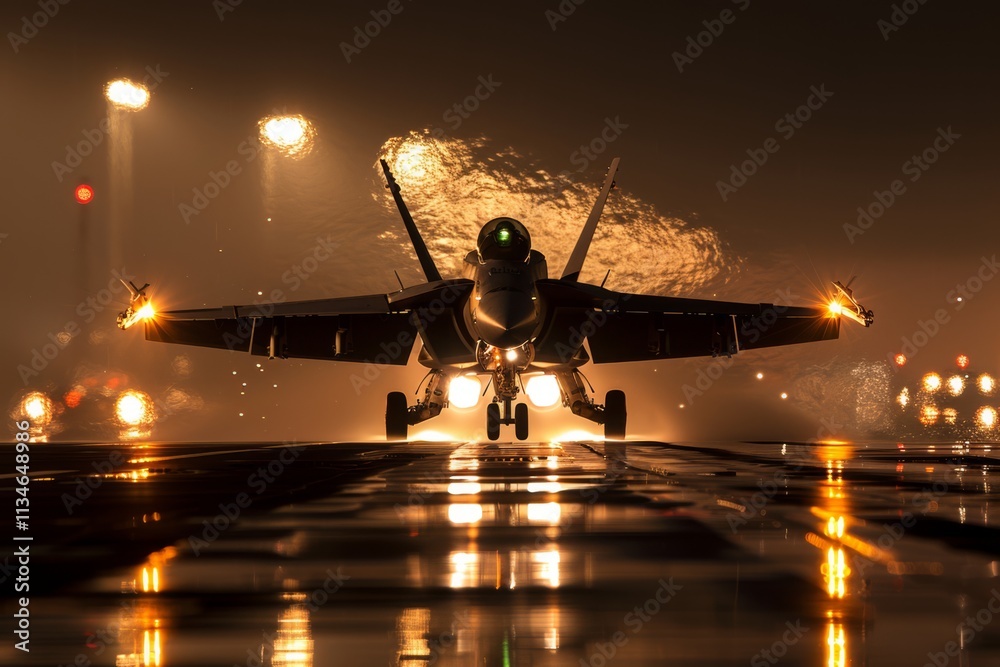Dramatic Nighttime Takeoff of Military Aircraft on a Runway Surrounded ...