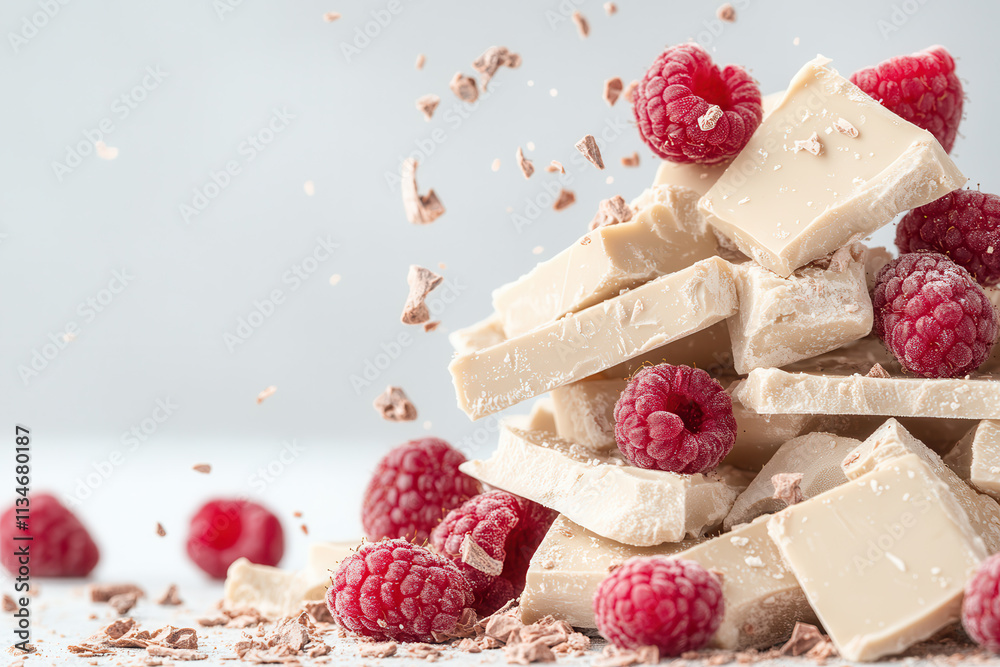 Pile of white chocolate chunks with fresh raspberries and chocolate ...