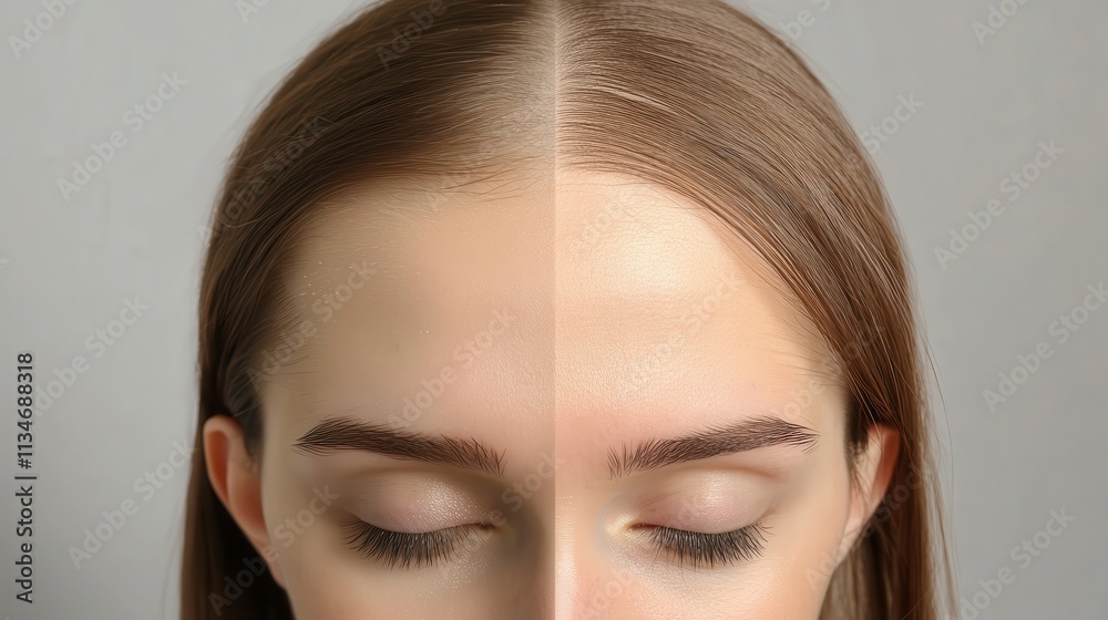 Before and after head shot of a young woman with a receding hairline on ...