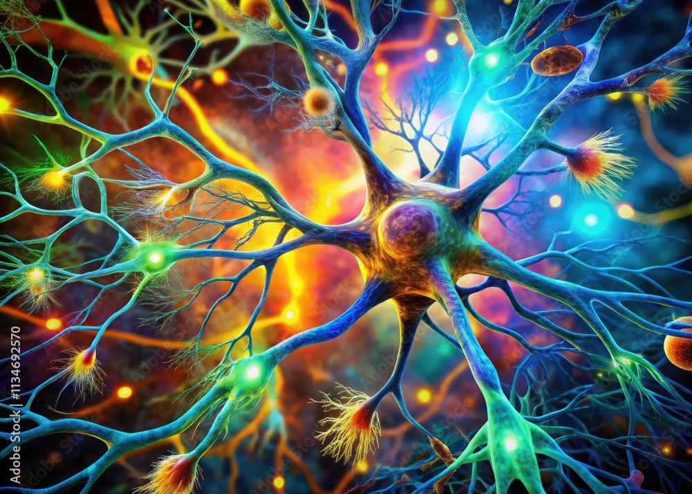 Neuron: Cell body (soma) houses nucleus; axon transmits signals; myelin ...