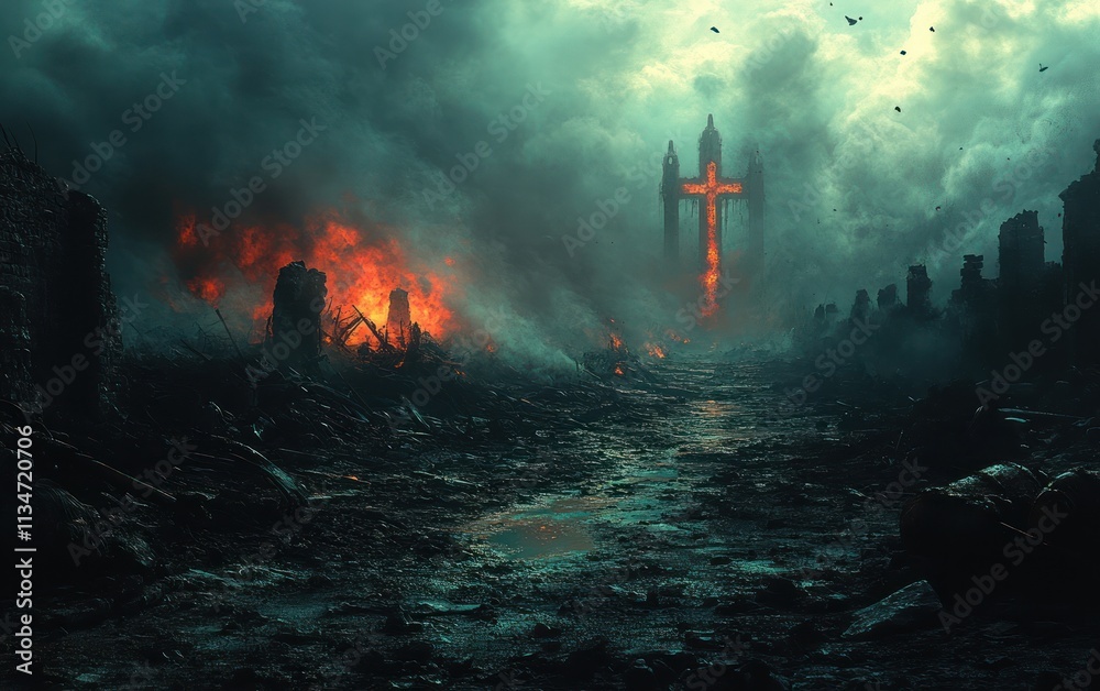 Desolate Battlefield with Scattered Weapons and Armor in Dramatic ...