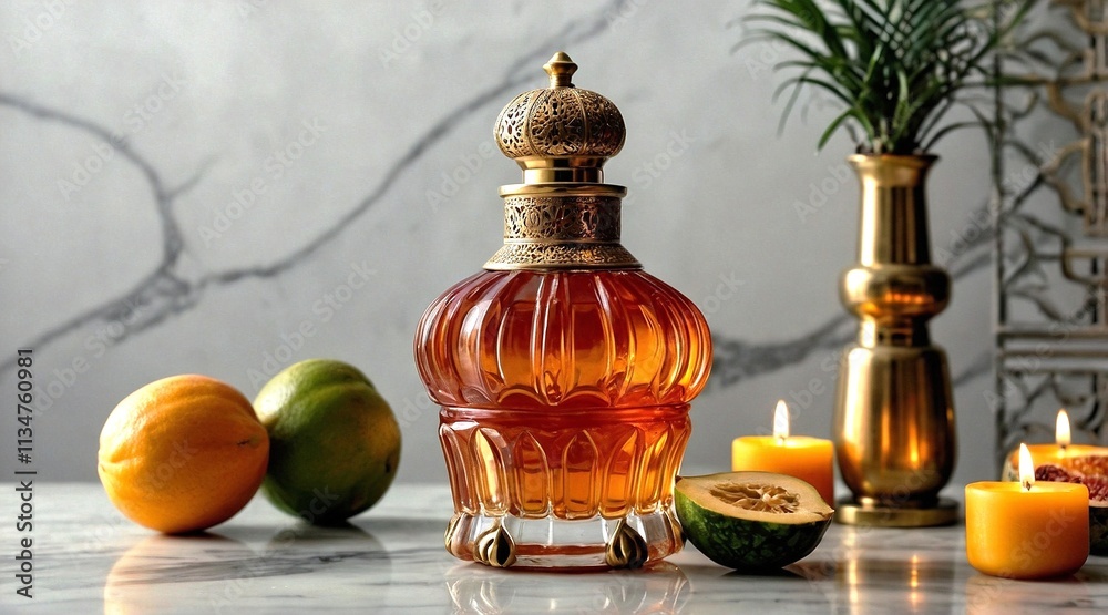 Arabian perfume bottle in luxurious style in gold and transparent ...