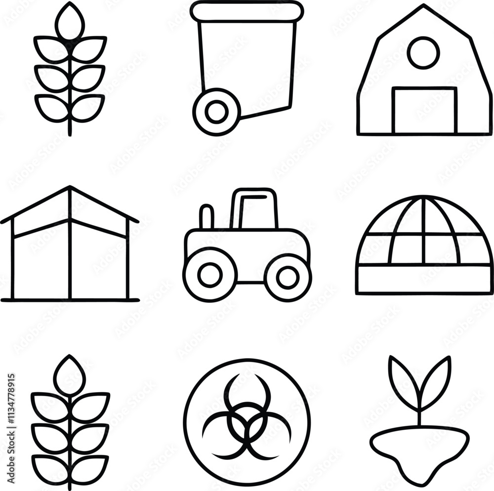 Agriculture Icons Farm, Wheat, Tractor, Greenhouse, Barn, Waste Stock ...
