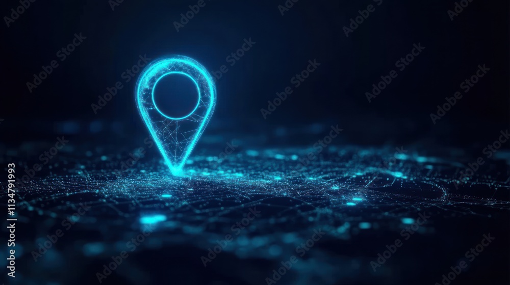 An abstract glowing digital location pin on a dark blue background ...